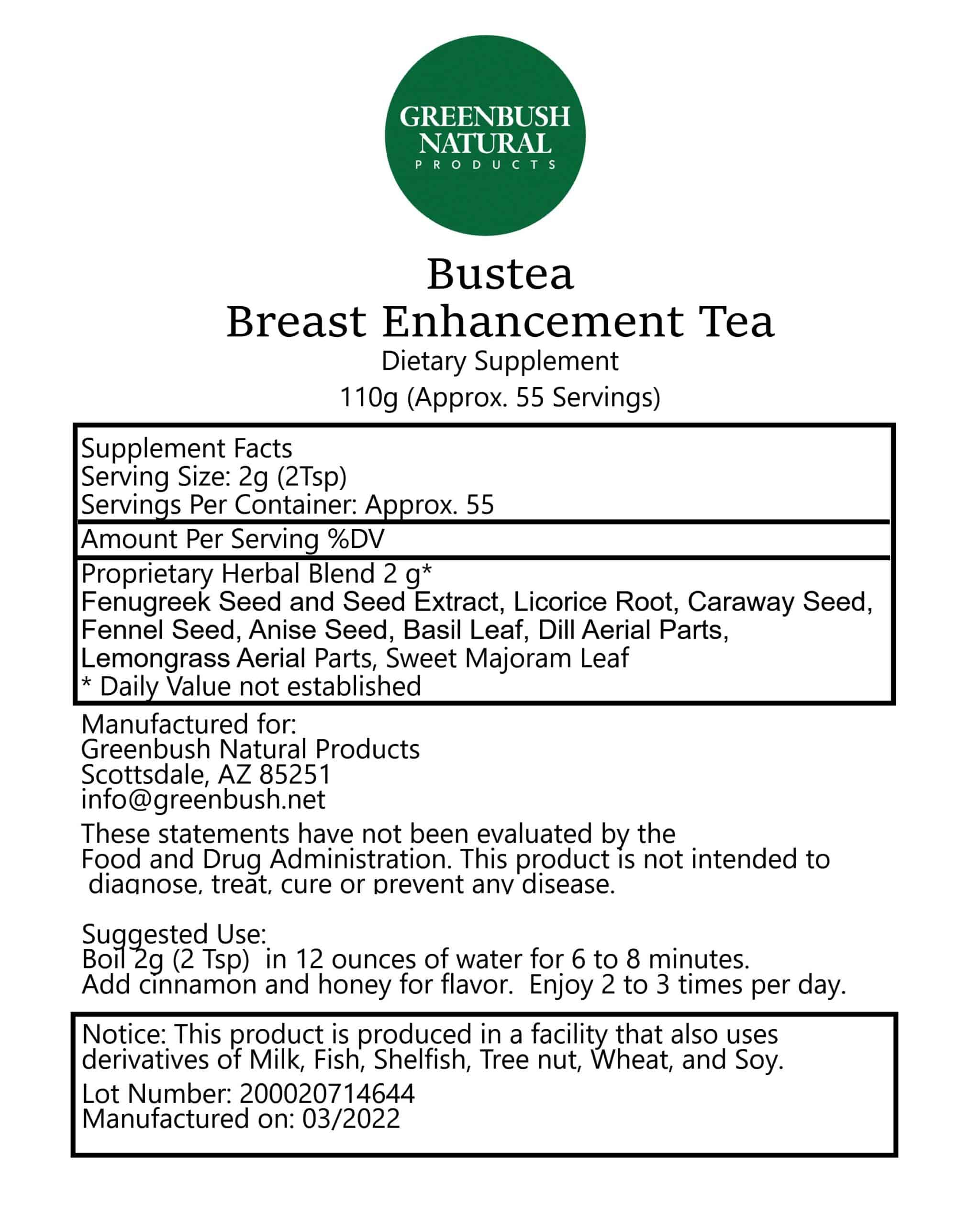 Greenbush Natural Products Bust Tea! Breast Enhancement Loose Leaf Tea ...